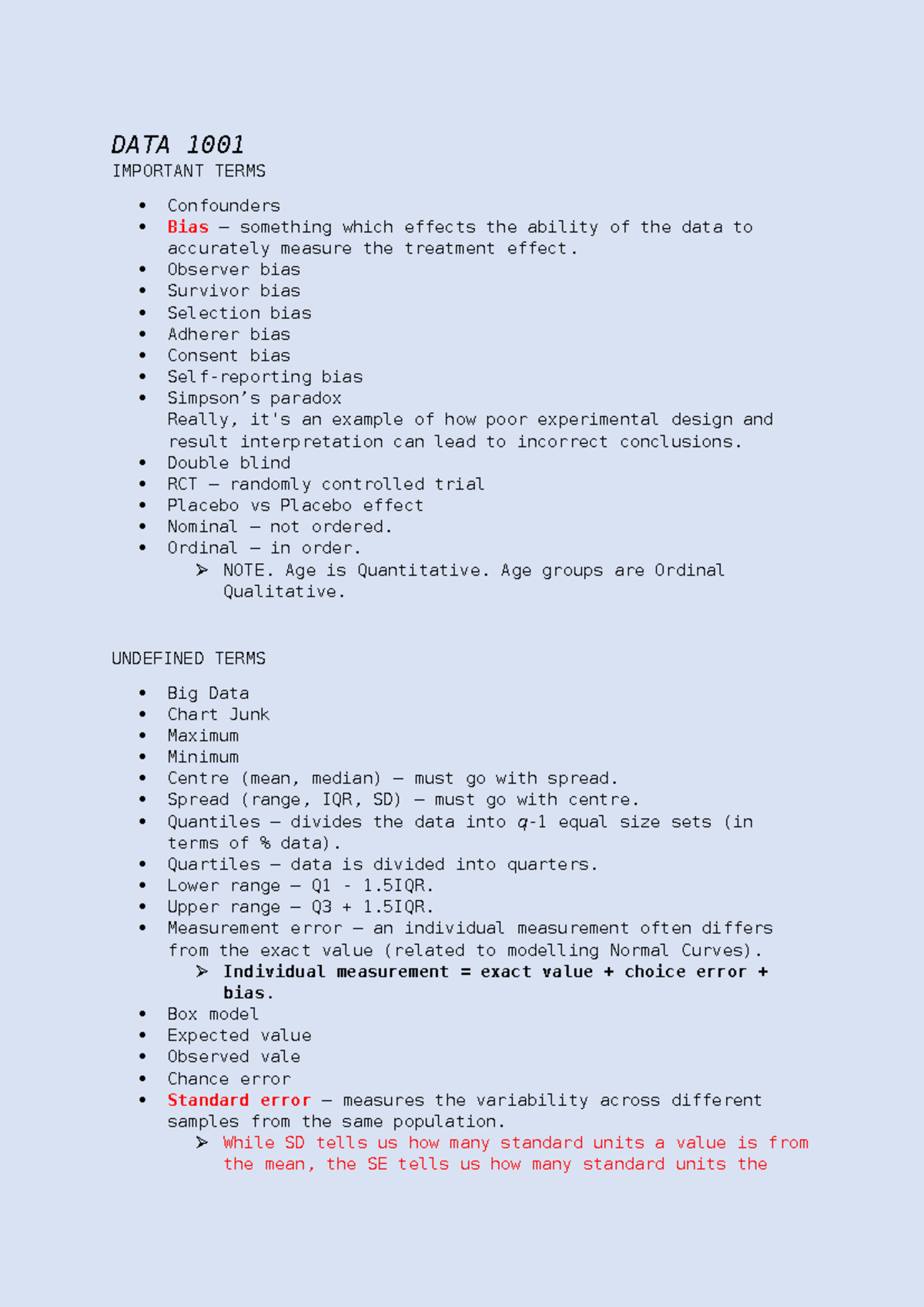 DATA 1001 - General notes - DATA 1001 ####### IMPORTANT TERMS ...