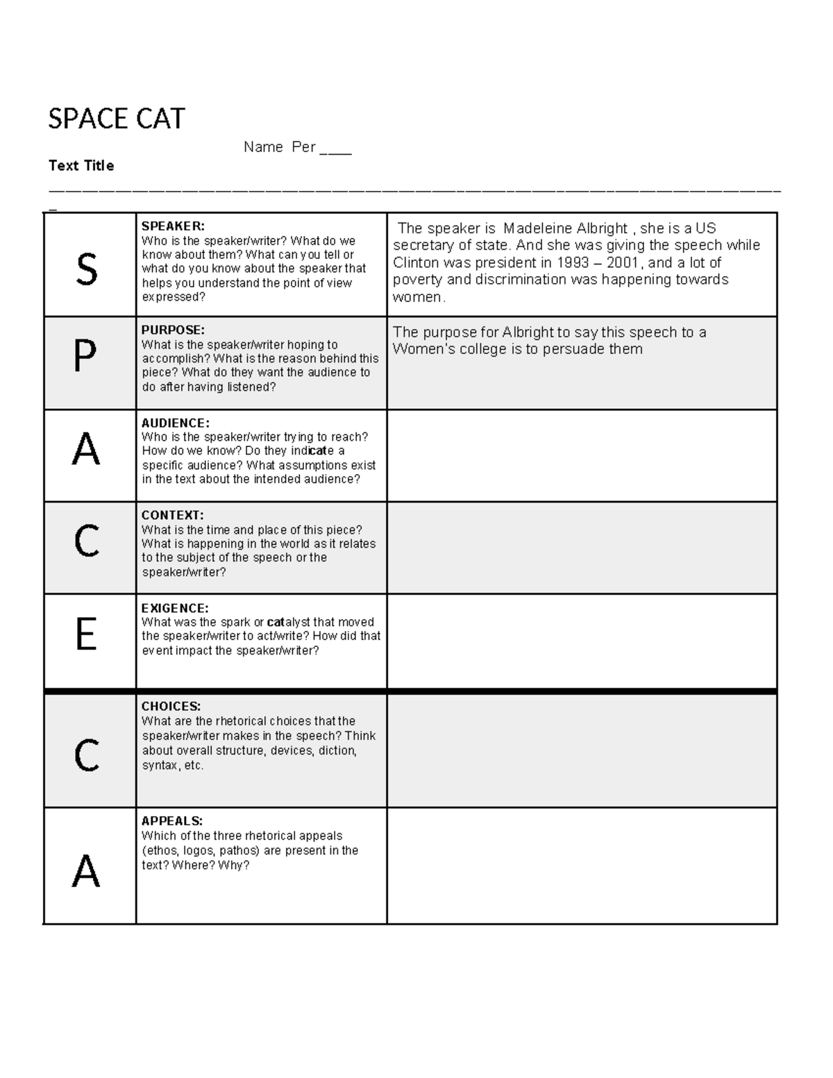 Spacecat Worksheet-1 - SPACE CAT Name Per ____ Text Title - Studocu