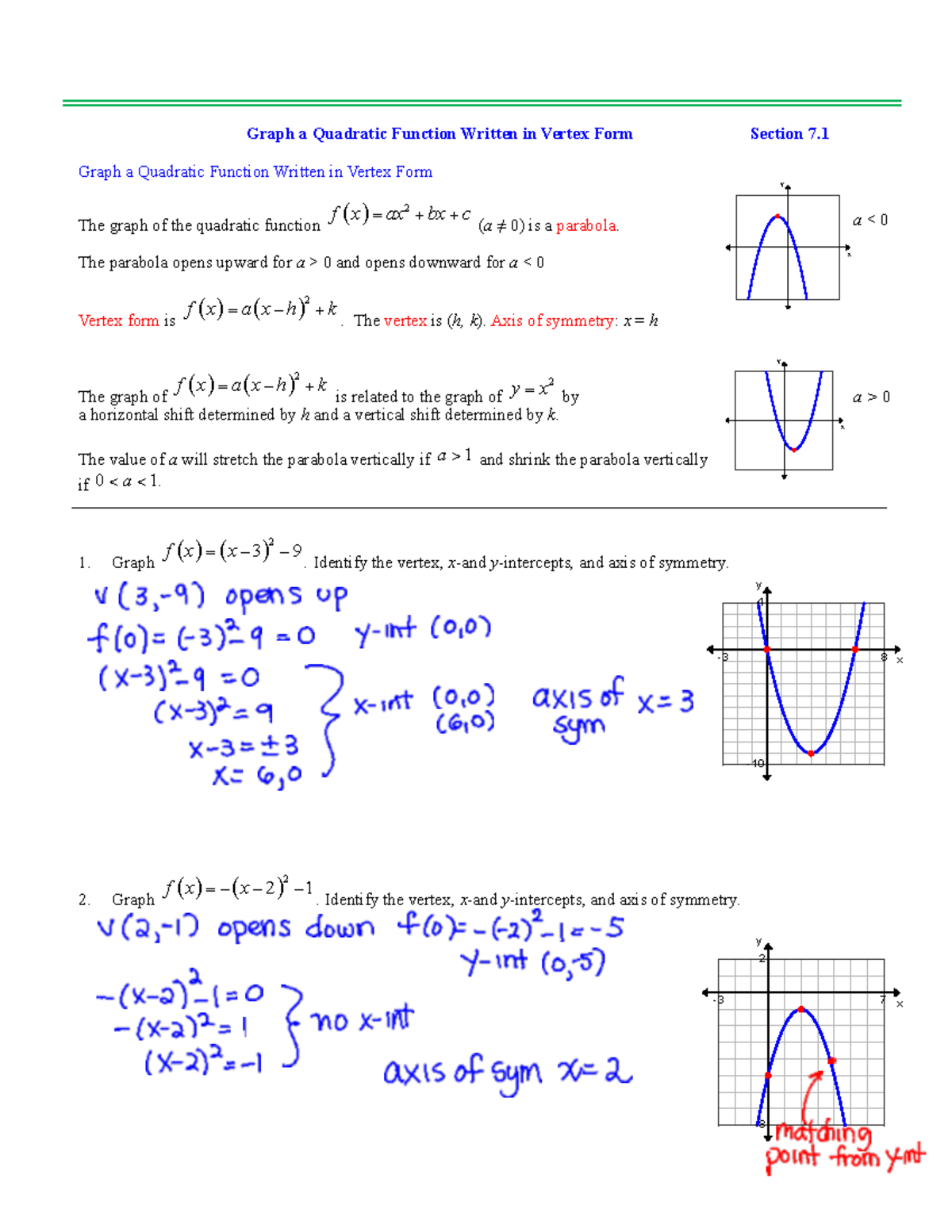 Sec 7.1 Quadratic Functions Edited - Graph a Quadratic Function Written ...