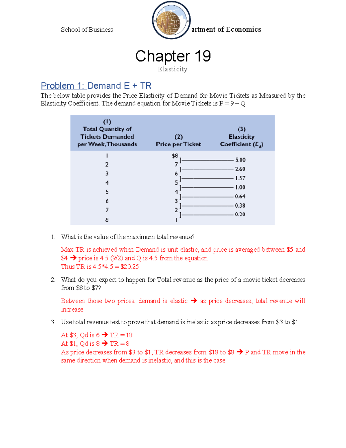 chapter 10 elasticity - Chapter 19 Elasticity Problem 1: Demand E + TR The below table provides ...