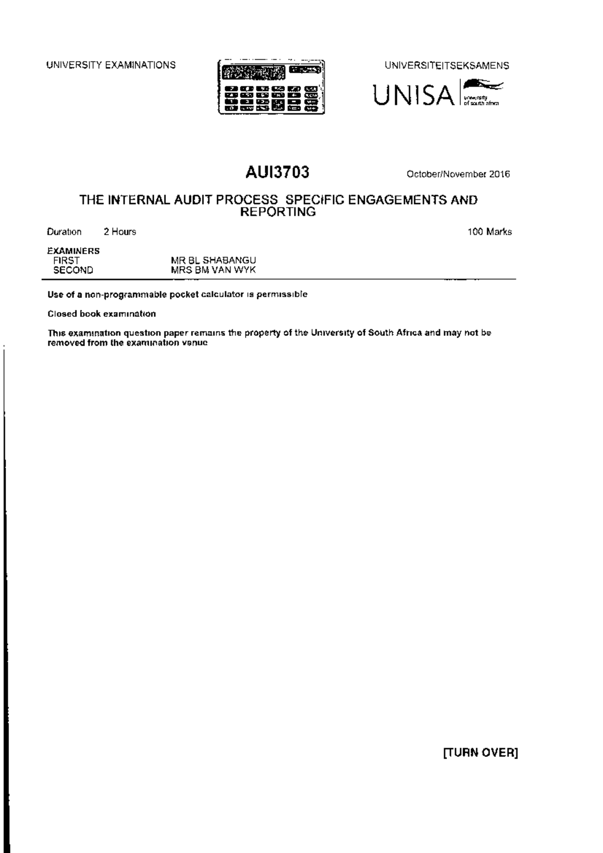 Exam 2016, questions - AUI3703 - Studocu