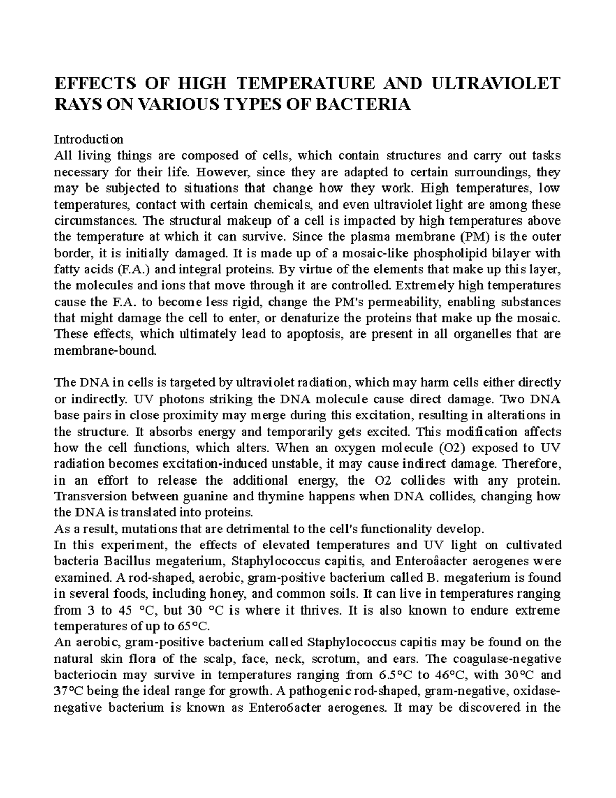 Effects OF HIGH Temperature AND Ultraviolet RAYS ON Various Types OF ...
