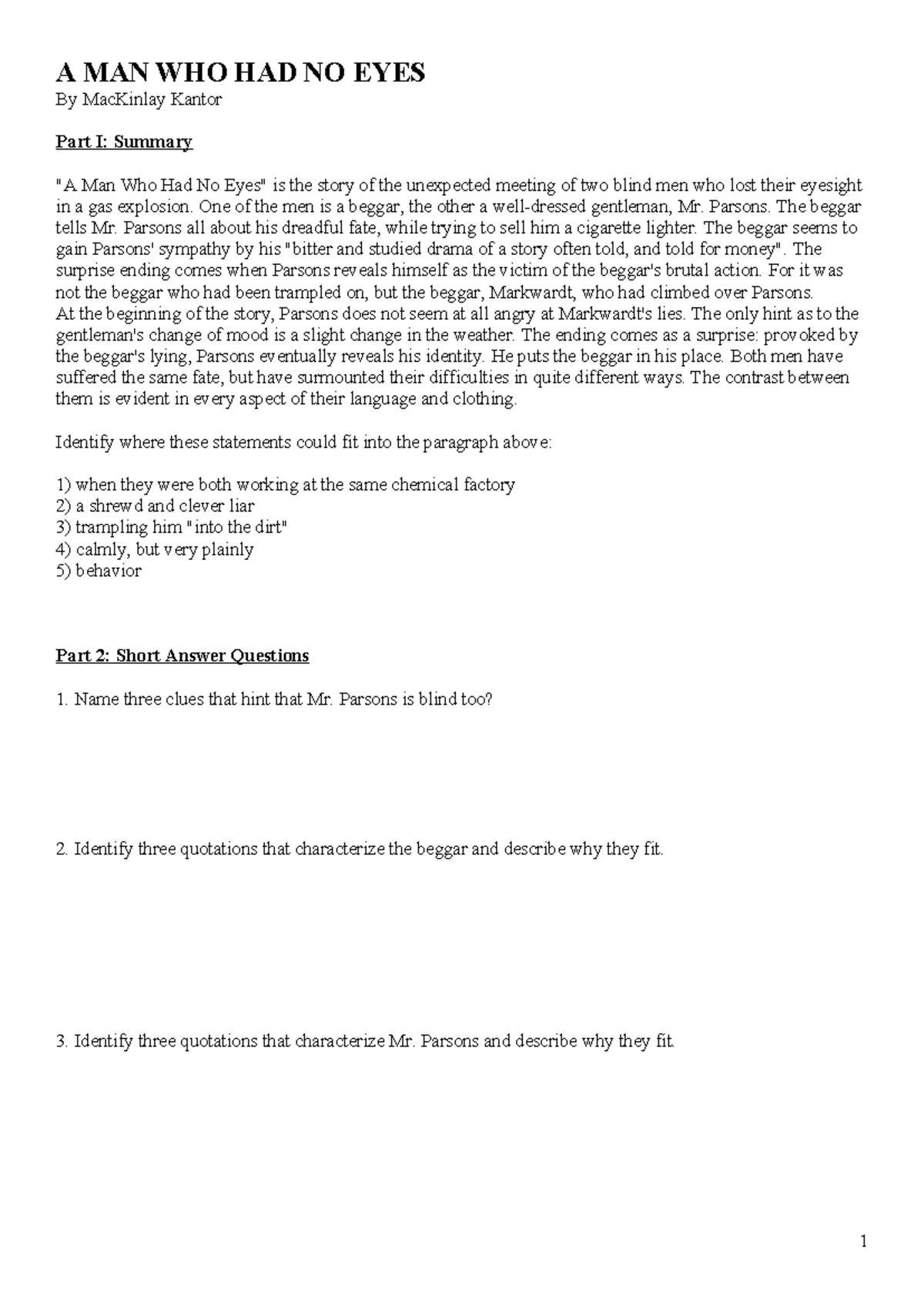 A Man Who Had No Eyes Summary Grammar Short Answer - A MAN WHO HAD NO ...