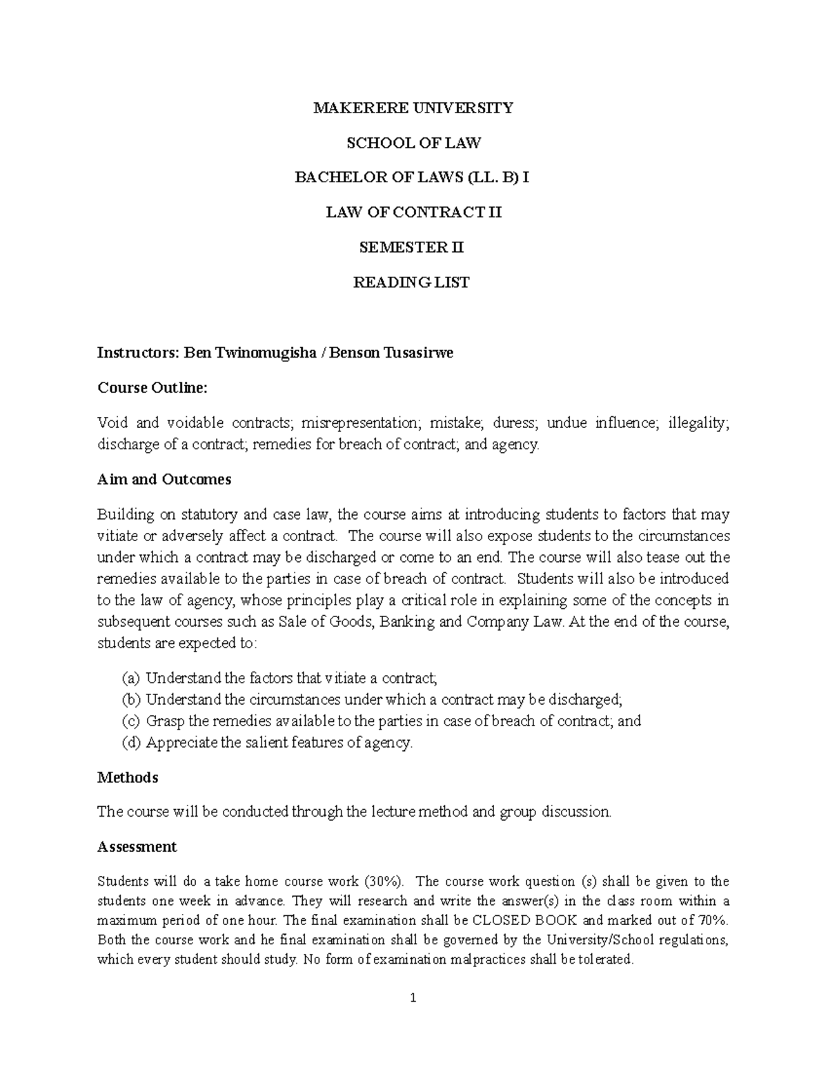 Contract II Reading List (2021) - MAKERERE UNIVERSITY SCHOOL OF LAW ...