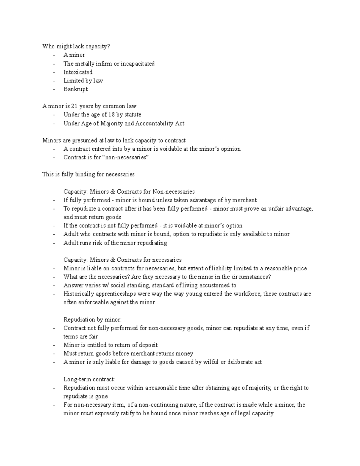 Week 4 - Capacity Form & Writing - Who might lack capacity? - A minor ...
