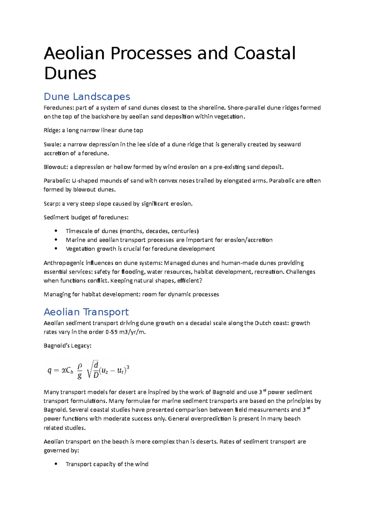 Aeolian Processes and Coastal Dunes Summary - Aeolian Processes and ...