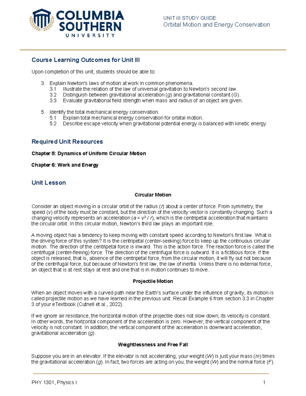 PHY 1301 Unit II Study Guide - Course Learning Outcomes for Unit III Upon completion of this ...