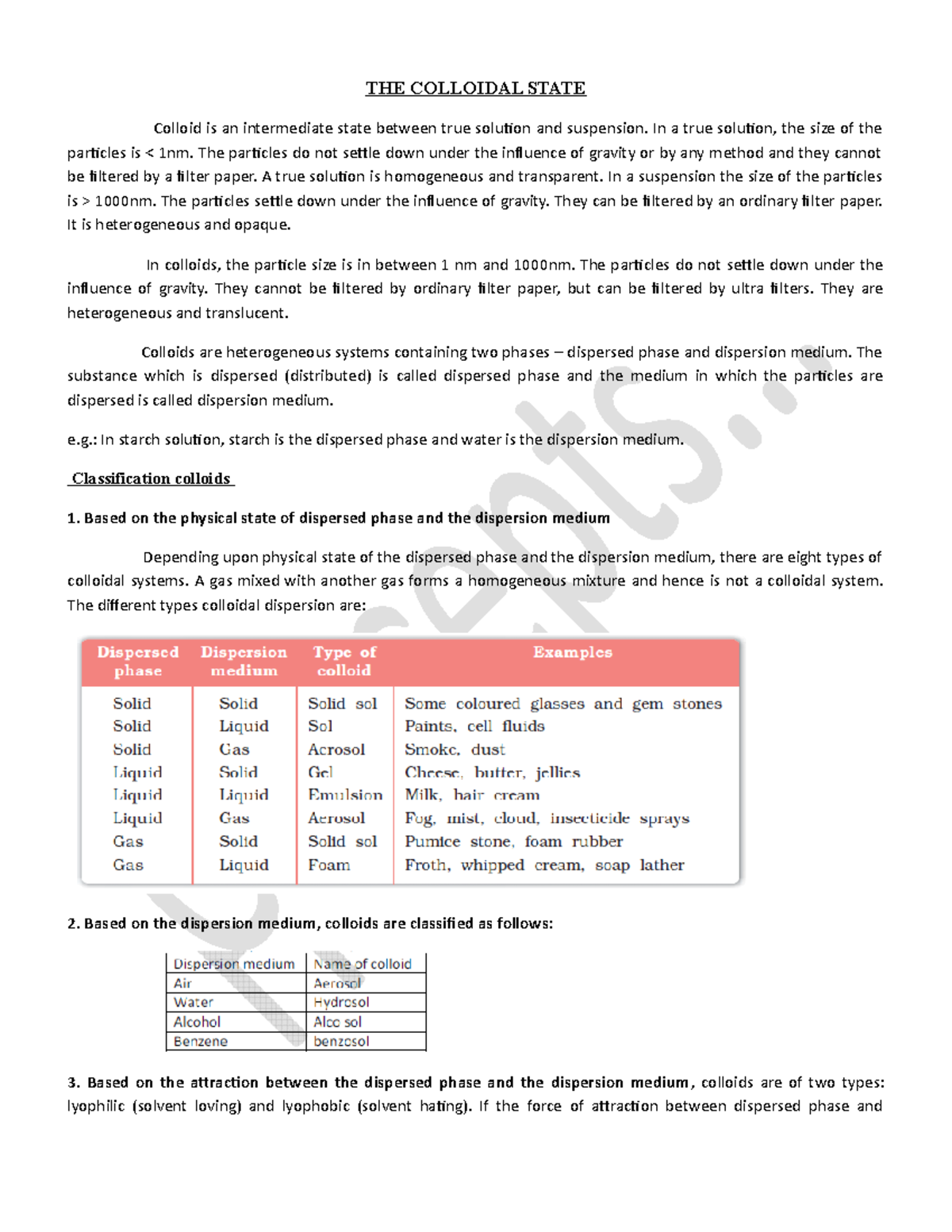 Colloidal state - Notes - THE COLLOIDAL STATE Colloid is an ...