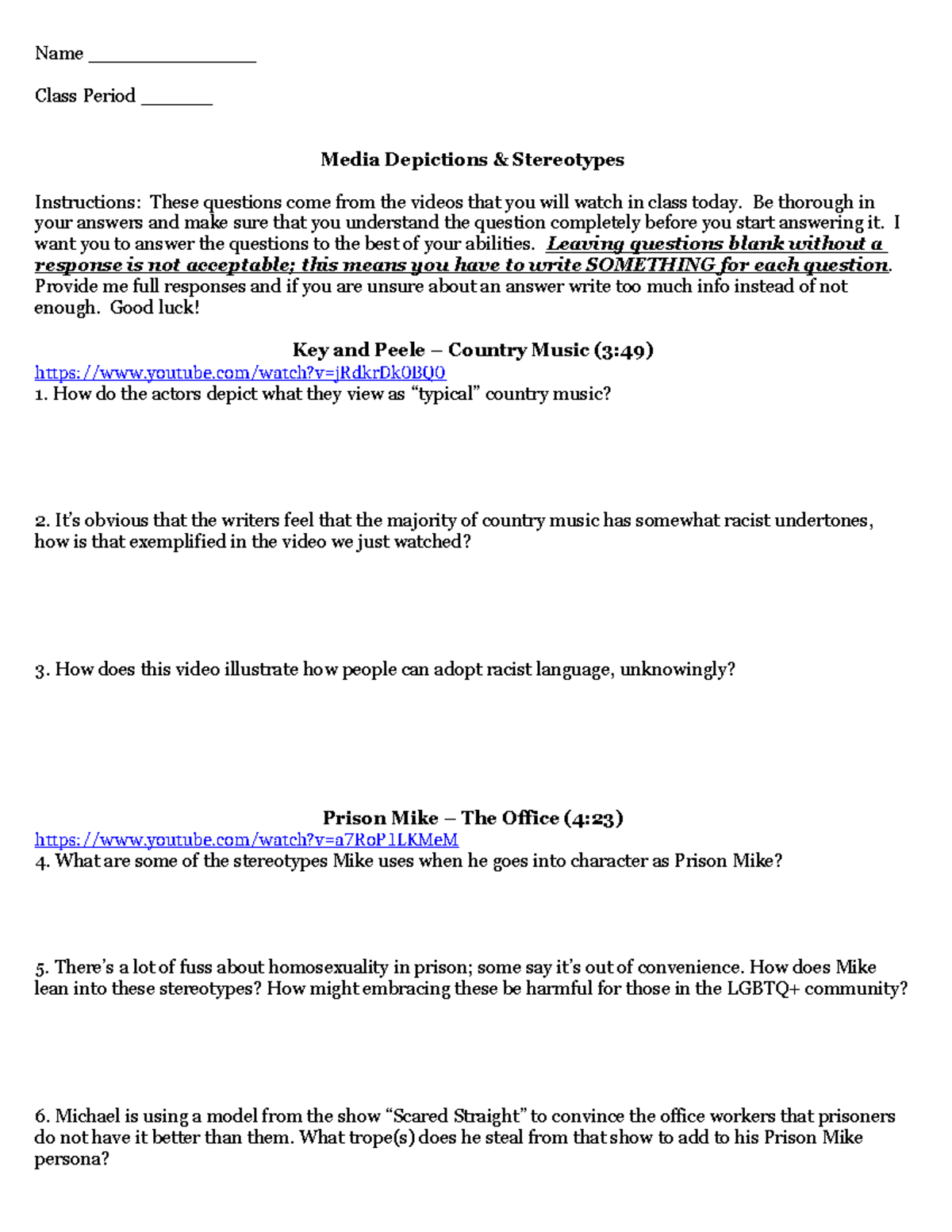 Media Depictions of Stereotypes - Name ______________ Class Period ...