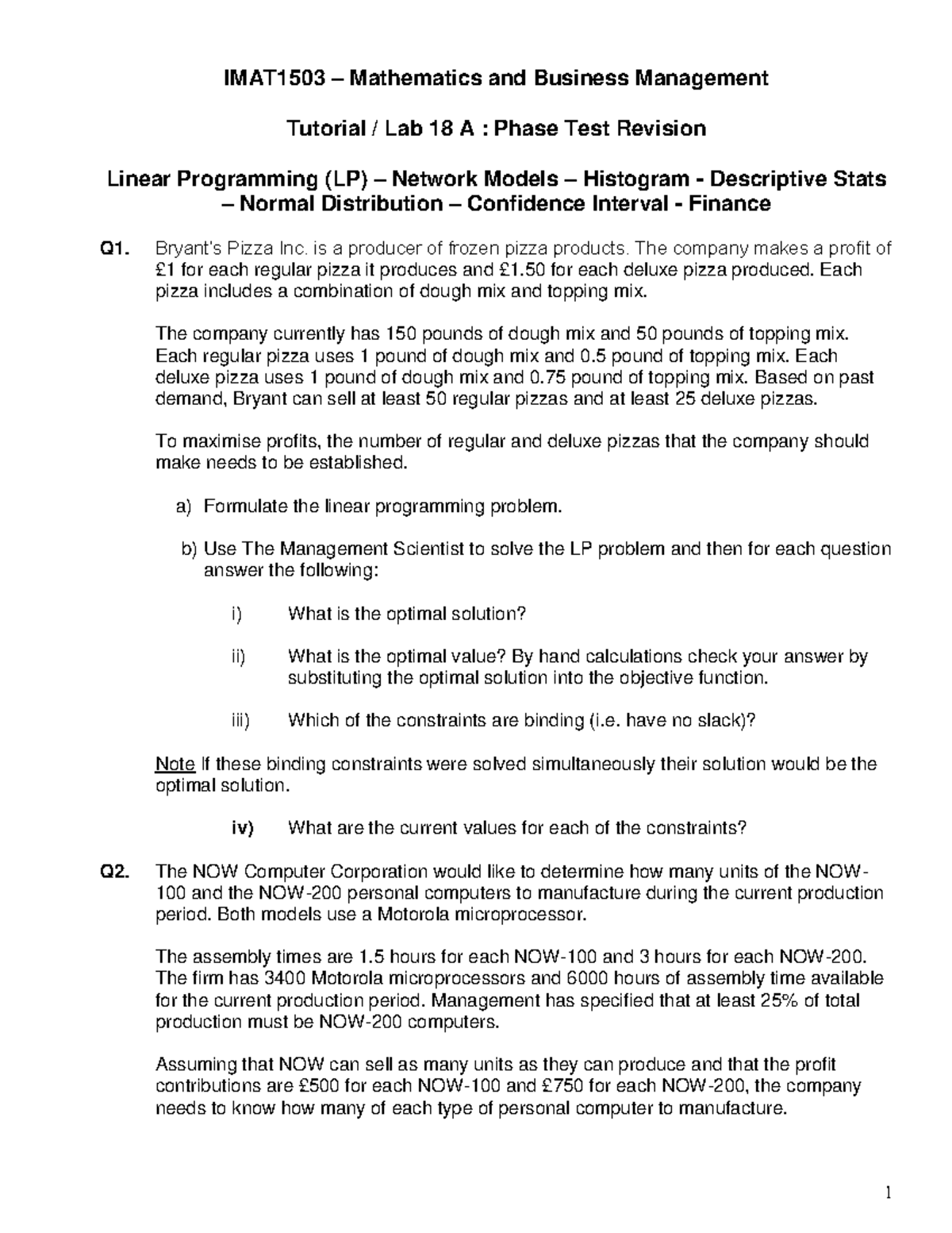 Tut Lab 18A Phase Test Revision - IMAT1503 – Mathematics and Business ...