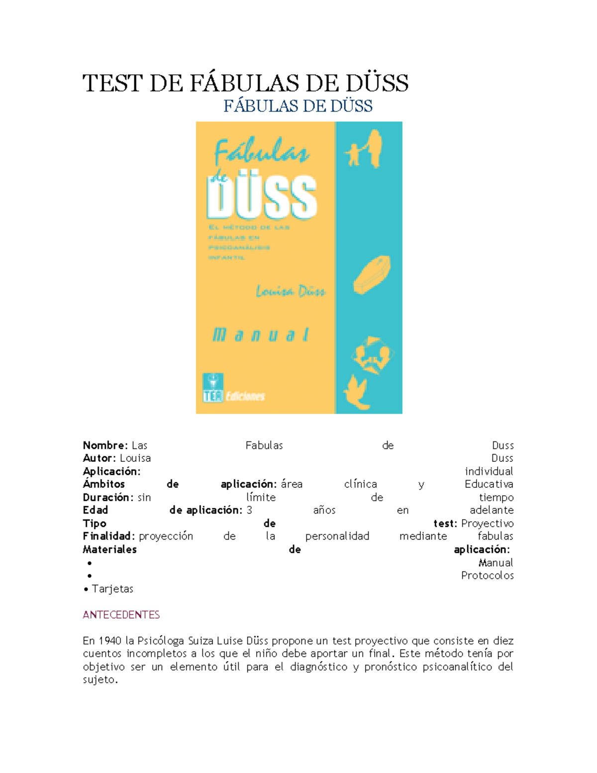 Test de fabulas de Duss. Diagnostico de personalidad. - TEST DE FÁBULAS ...