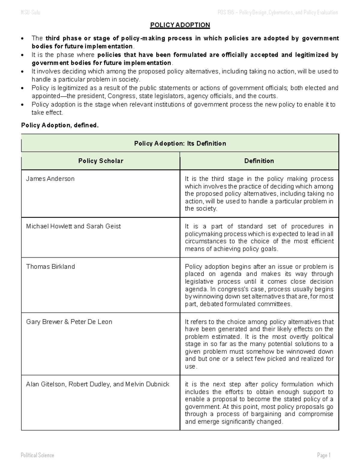 #7 Policy Adoption - POLICY ADOPTION The third phase or stage of policy ...