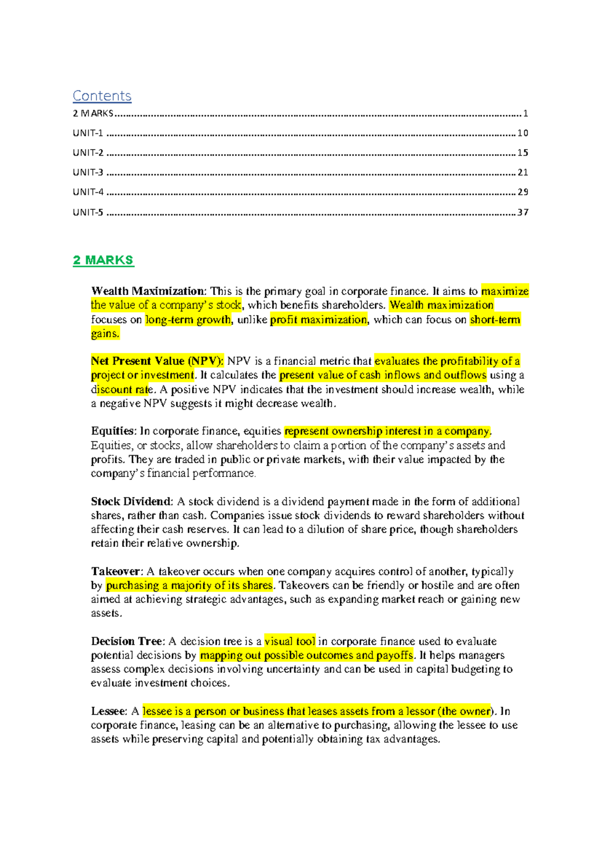 COR FIN - Notes - Contents 2 MARKS - Studocu
