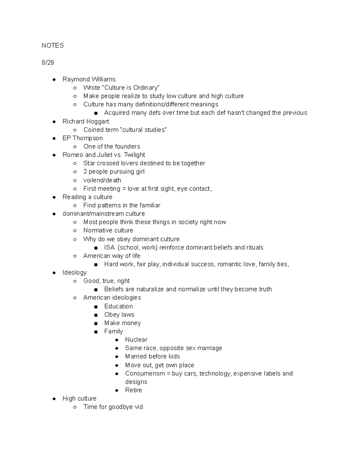 Intro Notes pop culture - NOTES 8/ Raymond Williams Wrote “Culture is ...