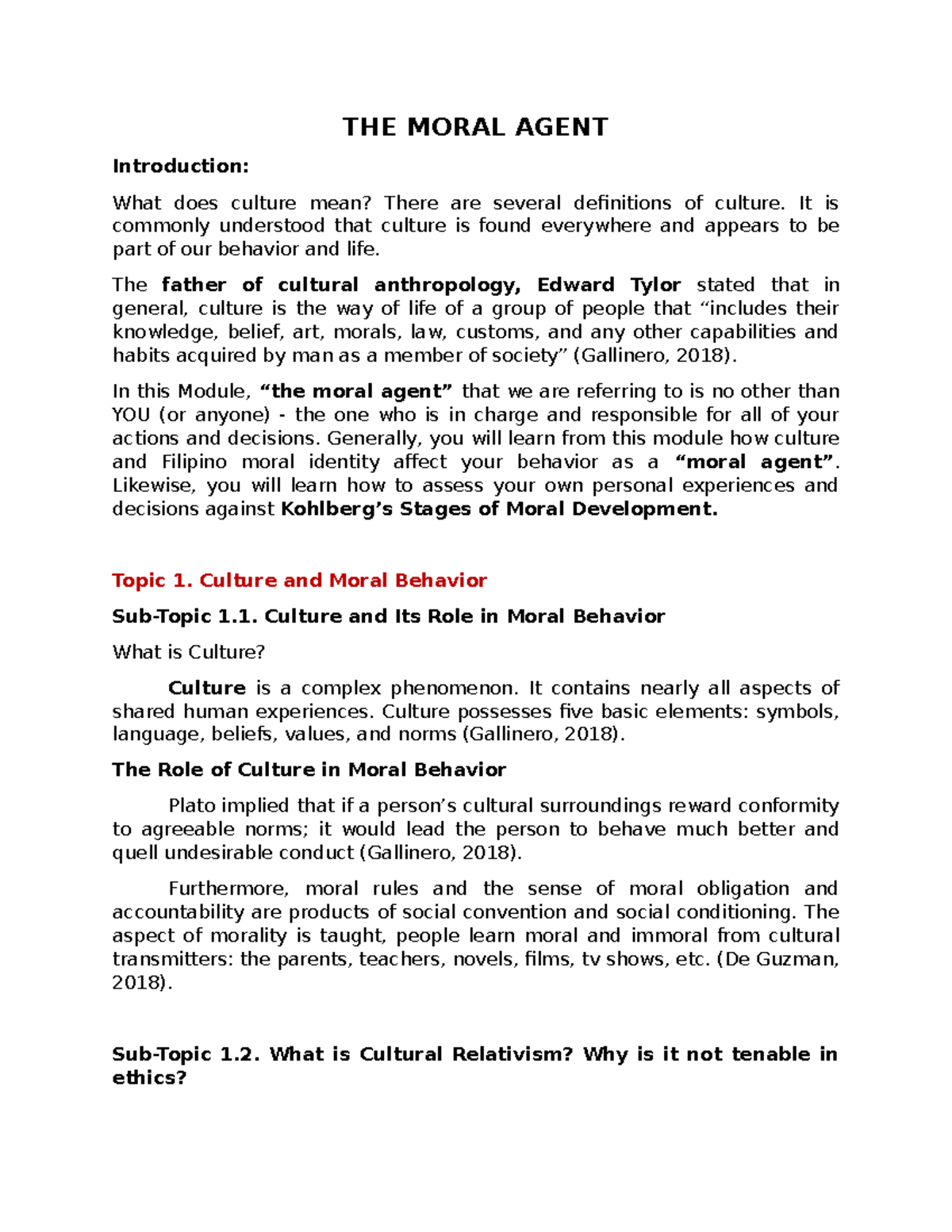 Ethics-The Moral Agent - THE MORAL AGENT Introduction: What does culture mean? There are several ...