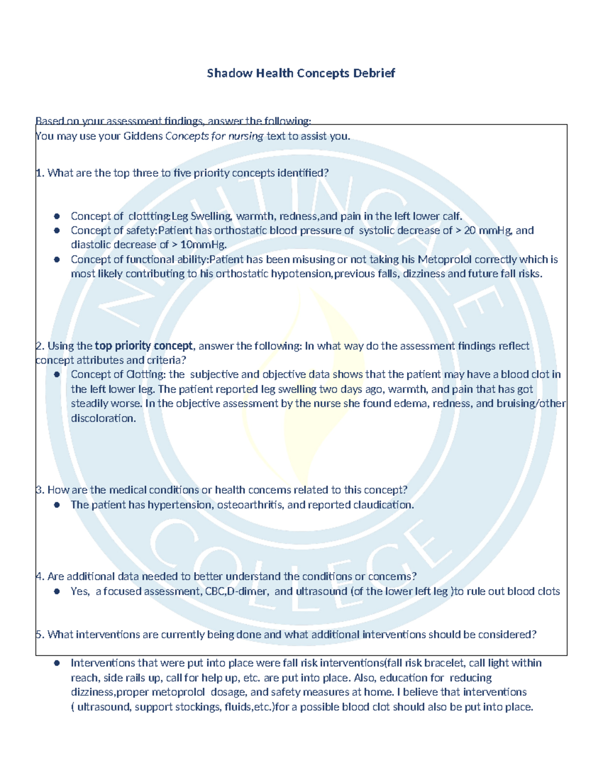 Shadow Health Concepts Debrief - What are the top three to five ...