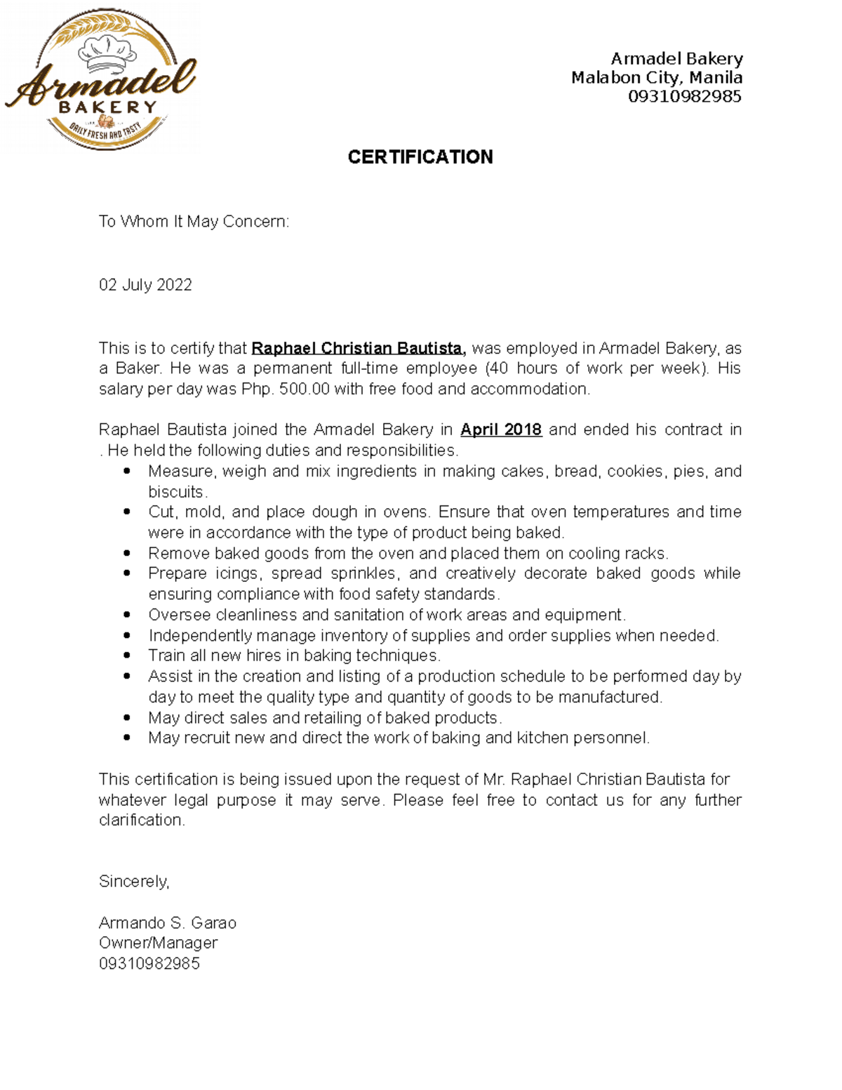 COE - Nothing - Armadel Bakery Malabon City, Manila 09310982985 ...