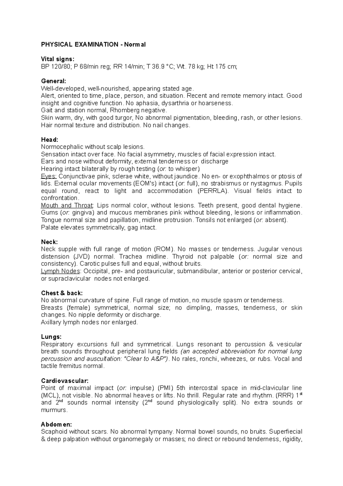 Physical-examination-normal - PHYSICAL EXAMINATION - Normal Vital signs ...