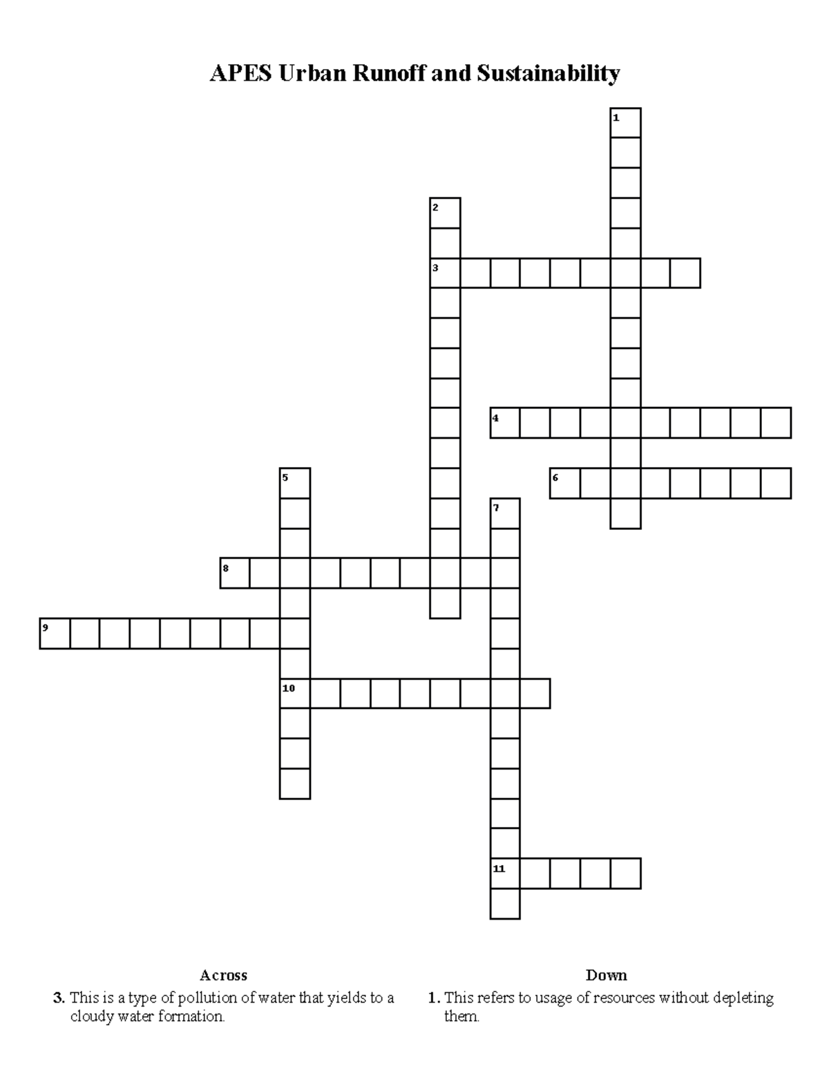 Crossword Puzzle Urban Runoff and Sustainability - APES Urban Runoff ...