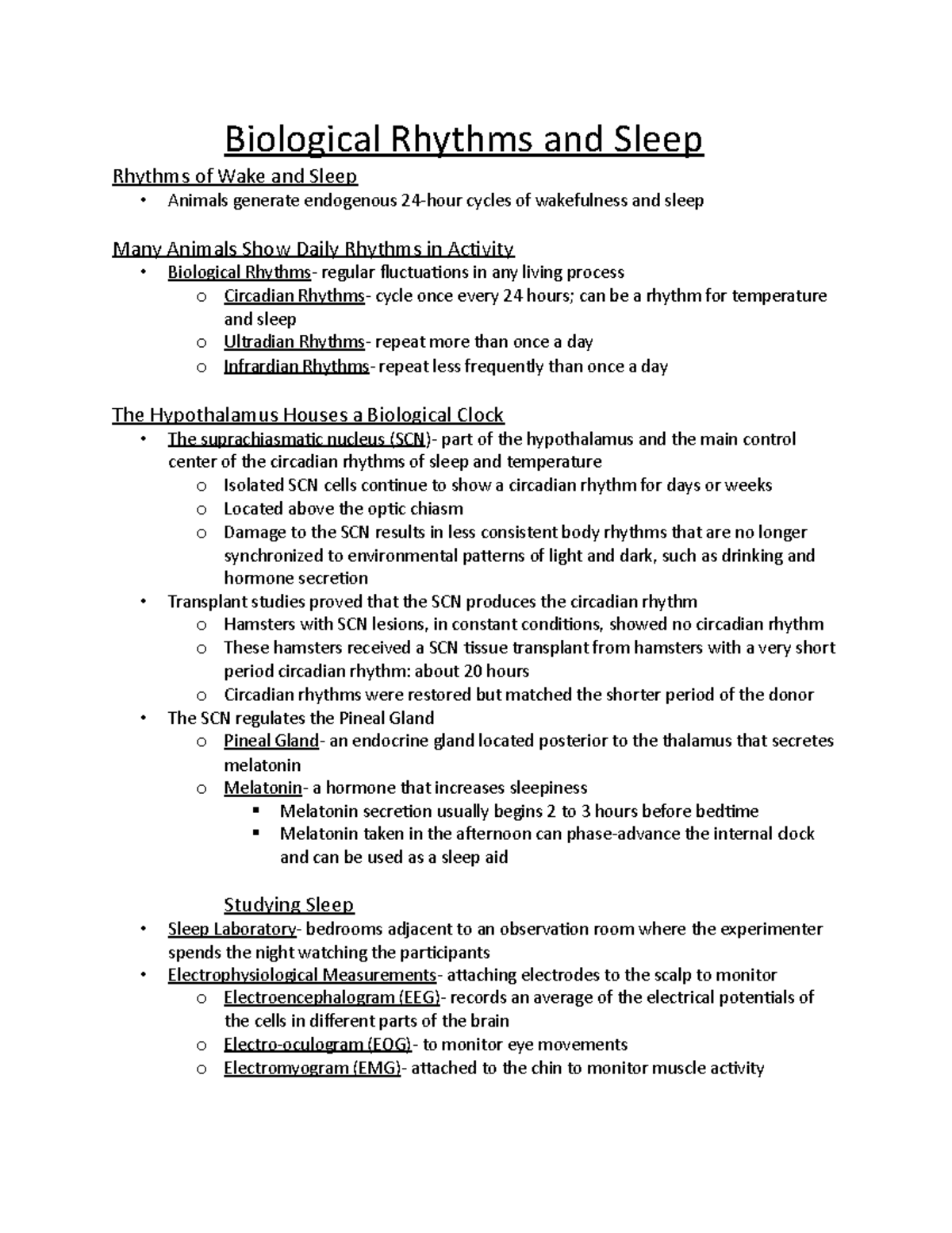 Notes for Biological Rhythms and Sleep Quiz - Biological Rhythms and ...