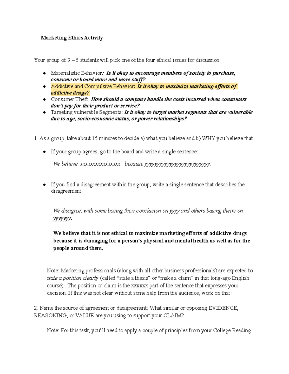 Marketing Ethics Activity REDO - Marketing Ethics Activity Your group ...