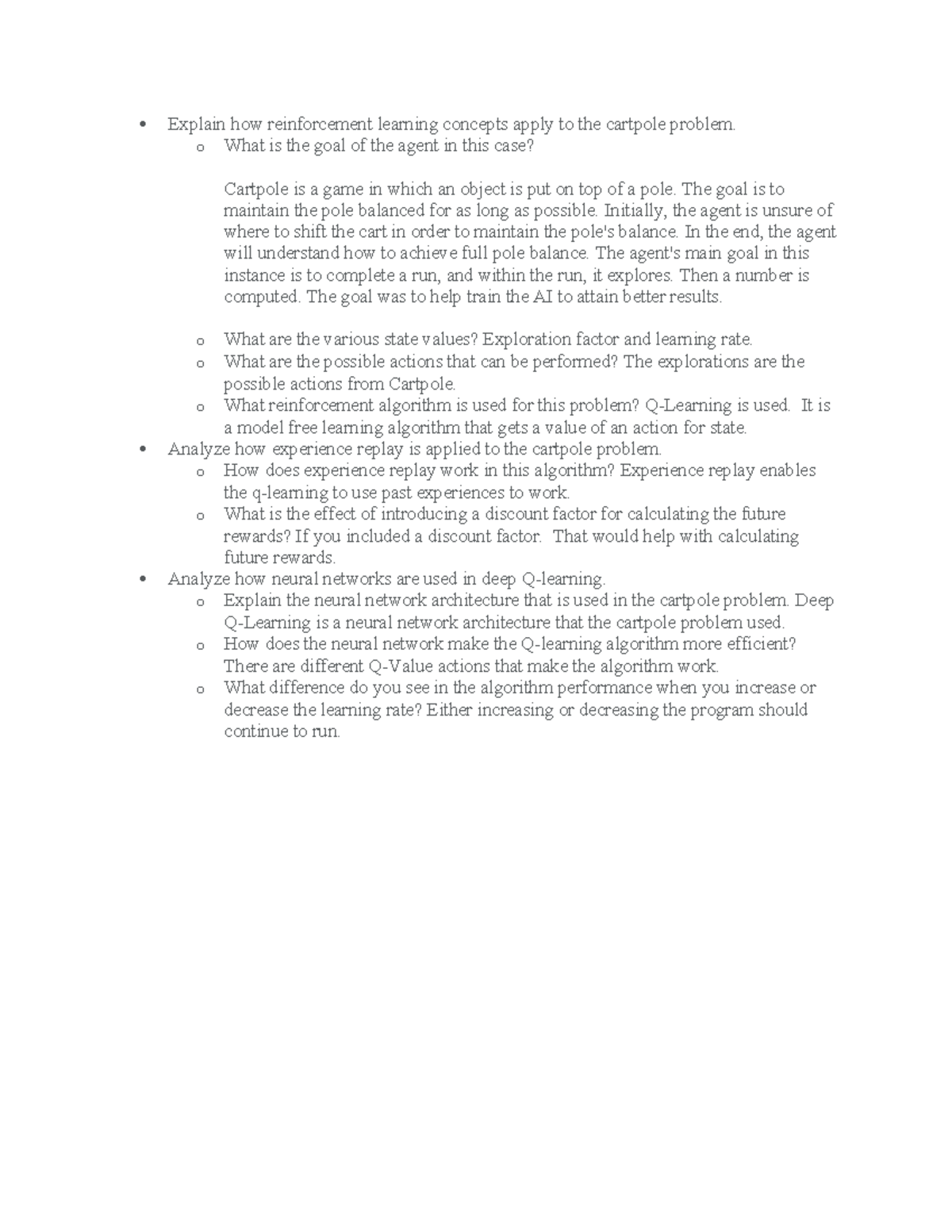 CS 370 Assignment 5 Cartpole Problems - Explain how reinforcement learning concepts apply to the ...