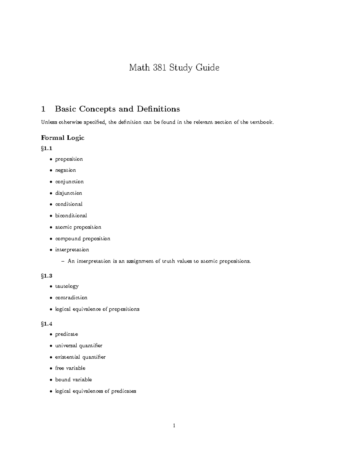 Study guide - Review list - Math 381 Study Guide 1 Basic Concepts and ...