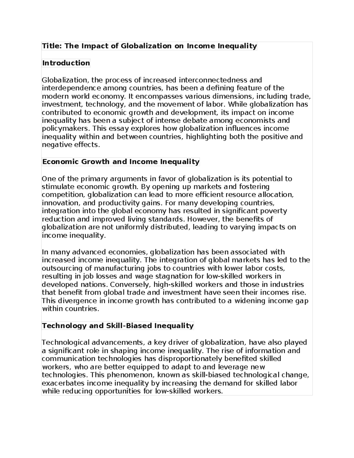The Impact of Globalization on Income Inequality - Title: The Impact of ...
