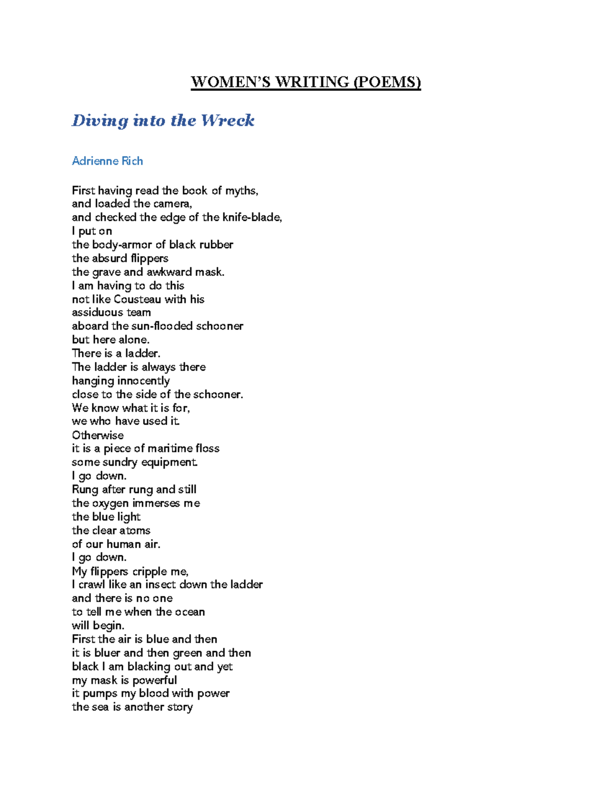 Women's Writing (Poems) - WOMEN’S WRITING (POEMS) Diving into the Wreck ...