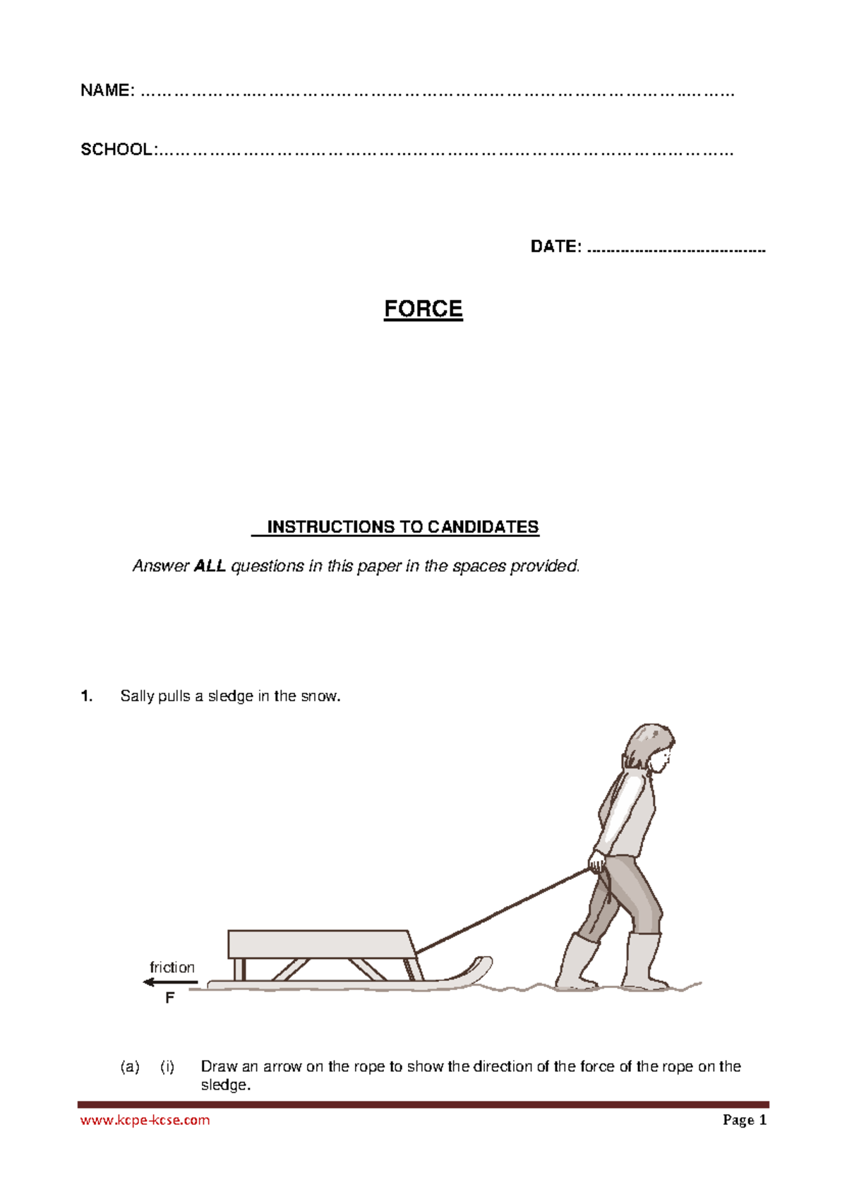 FORM 1 Topic 3. Force Questions Teacher - NAME: - Studocu