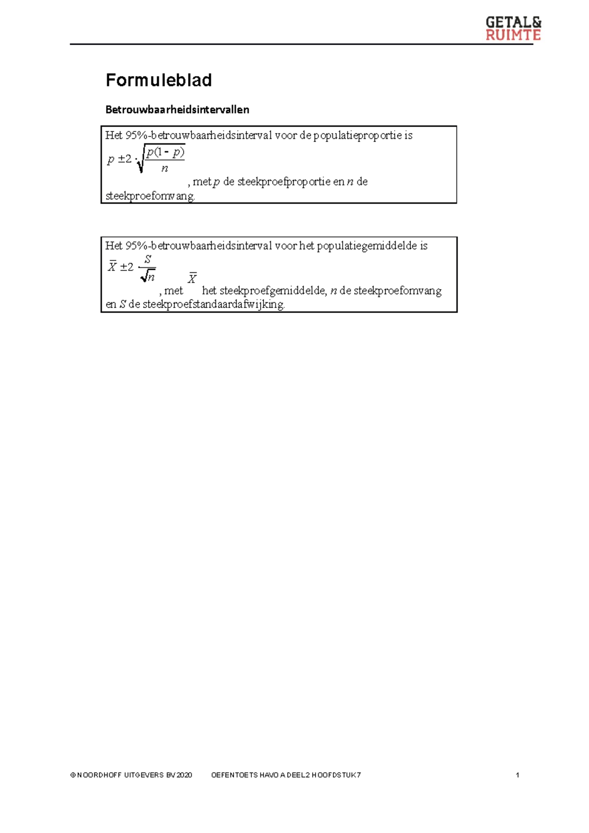 Oefentoets h7 - Formuleblad Betrouwbaarheidsintervallen Het 95% ...