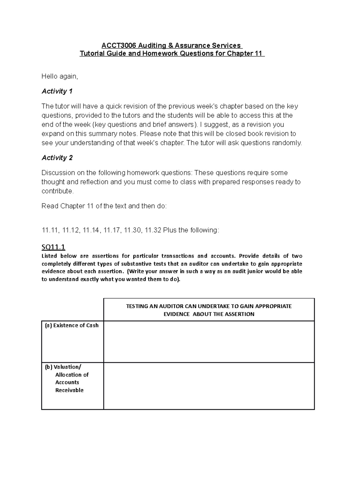 Tutorial Guide and Homework Question - ACCT3006 Auditing & Assurance Services Tutorial Guide and ...