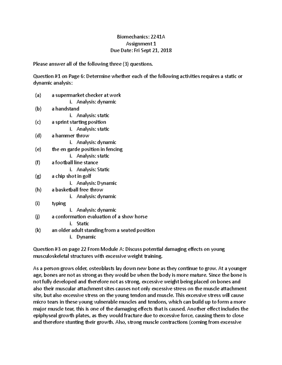 Assignment 1 2241 - Biomechanics: 2241A Assignment 1 Due Date: Fri Sept ...