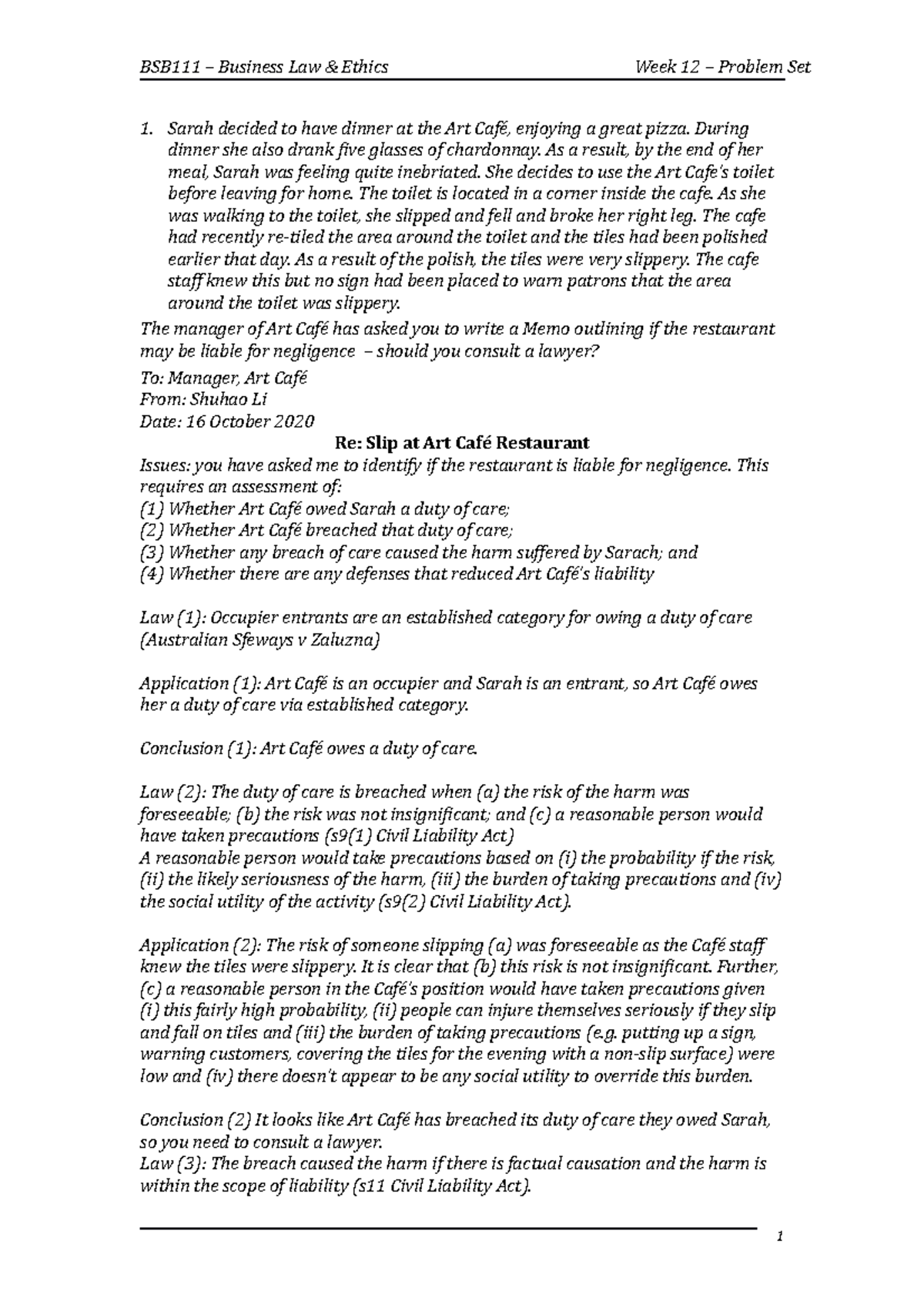 Week 12 - week12 tut work - Sarah decided to have dinner at the Art ...