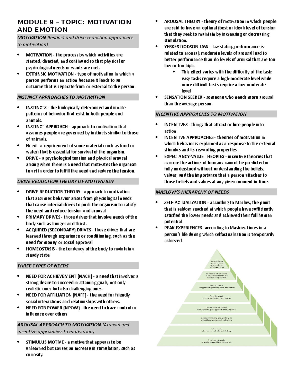 Psych Reviewer 9 - TOPIC: MOTIVATION AND EMOTION - MODULE 9 – TOPIC ...
