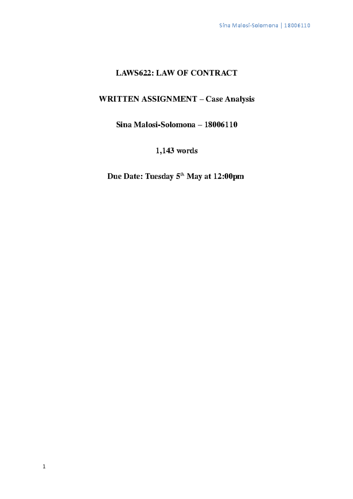 Contract Law Assignment 2020 - LAWS622: LAW OF CONTRACT WRITTEN ...