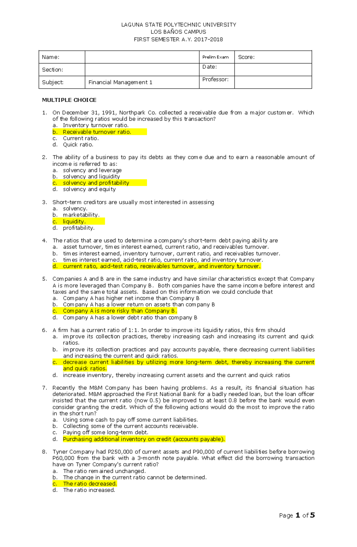 Financial-Management Quiz - LAGUNA STATE POLYTECHNIC UNIVERSITY LOS ...