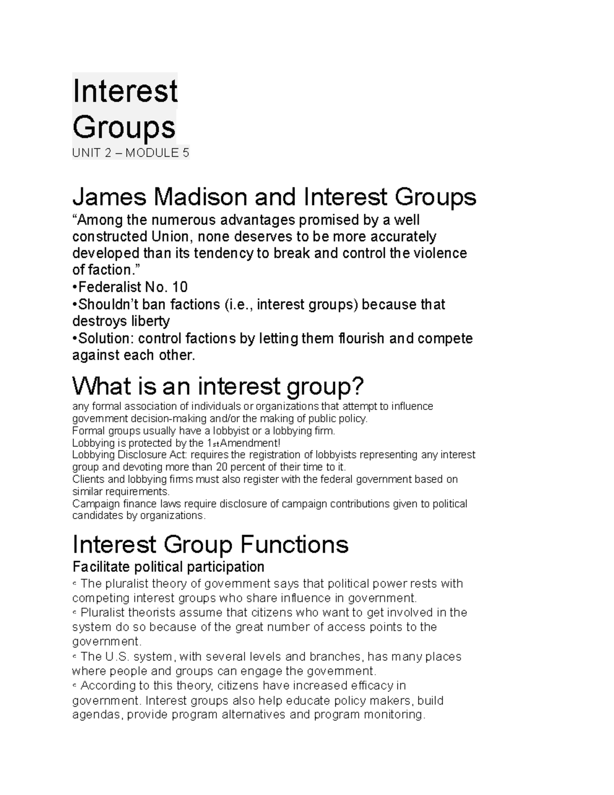 Uni 2 mod 5 pol sci - in depth lecture on interest groups - Interest ...