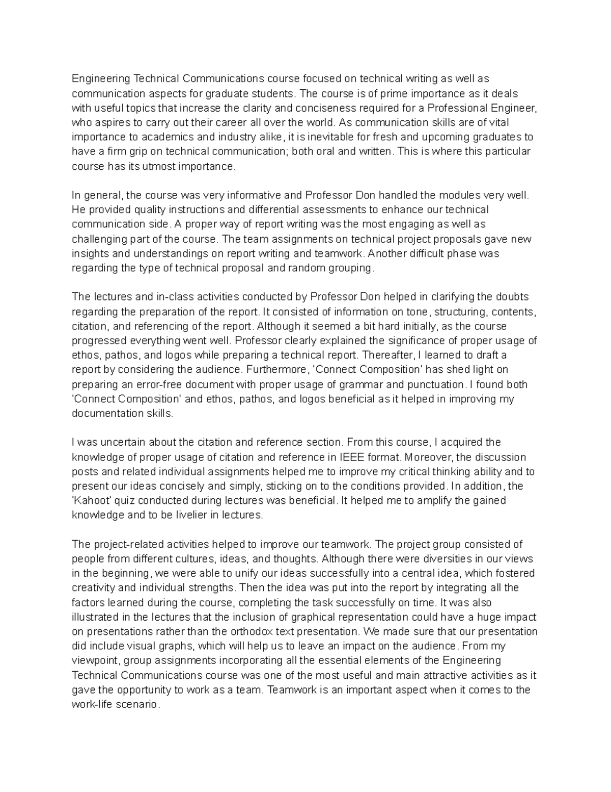 Engineering Technical Communications Course Student's Reflection - Engineering Technical - Studocu
