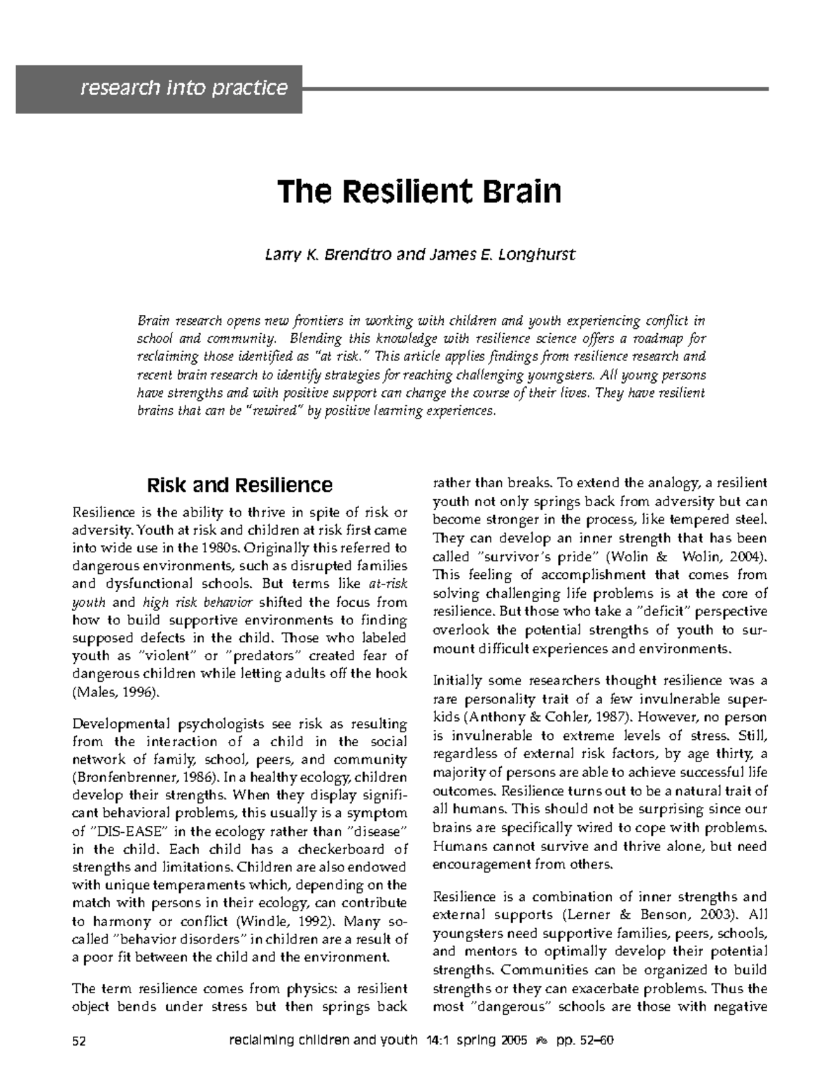 The resilient Brain- Brendtro Longhurst - The Resilient Brain Larry K ...