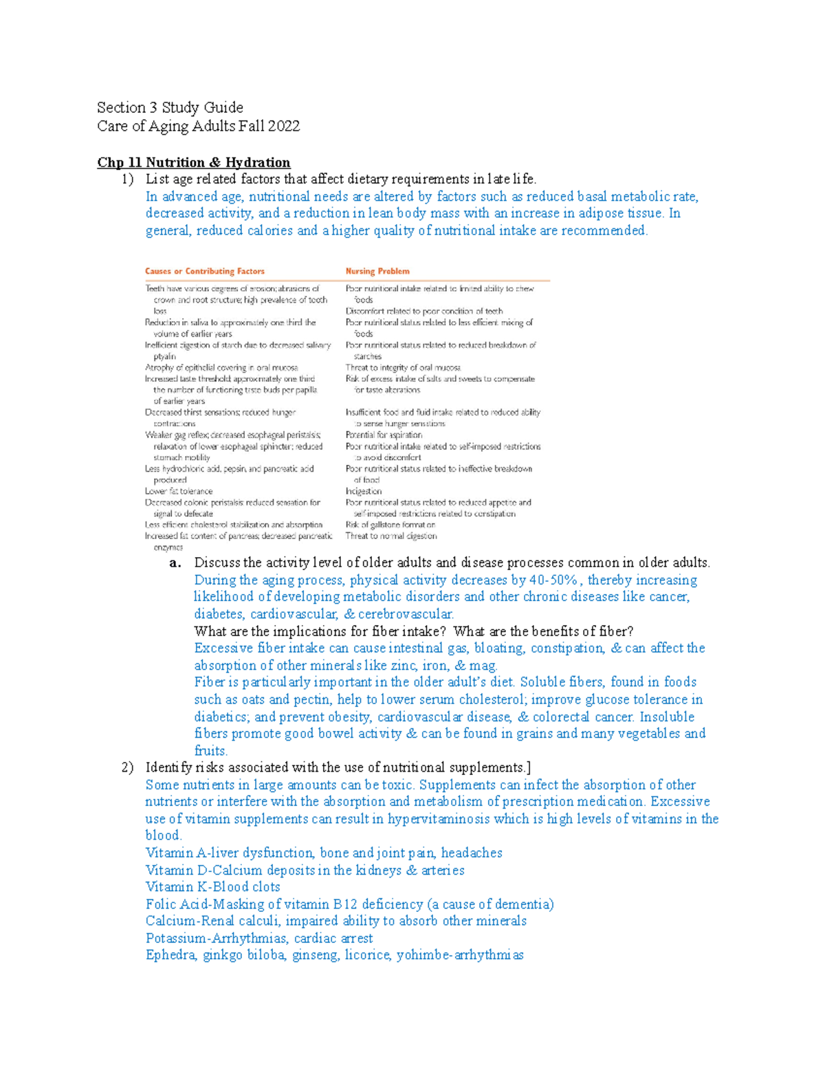 Aging adults - gerontology - Section 3 Study Guide Care of Aging Adults ...