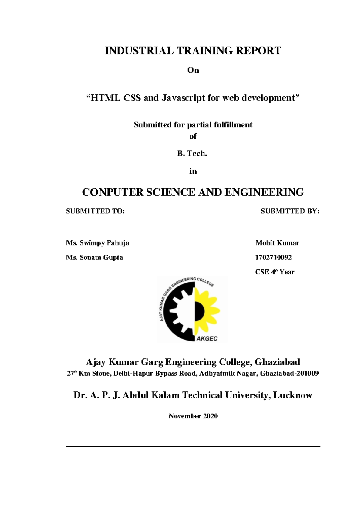 Industrial Training Report Mohit Kumar-converted - INDUSTRIAL TRAINING REPORT On “HTML CSS and ...