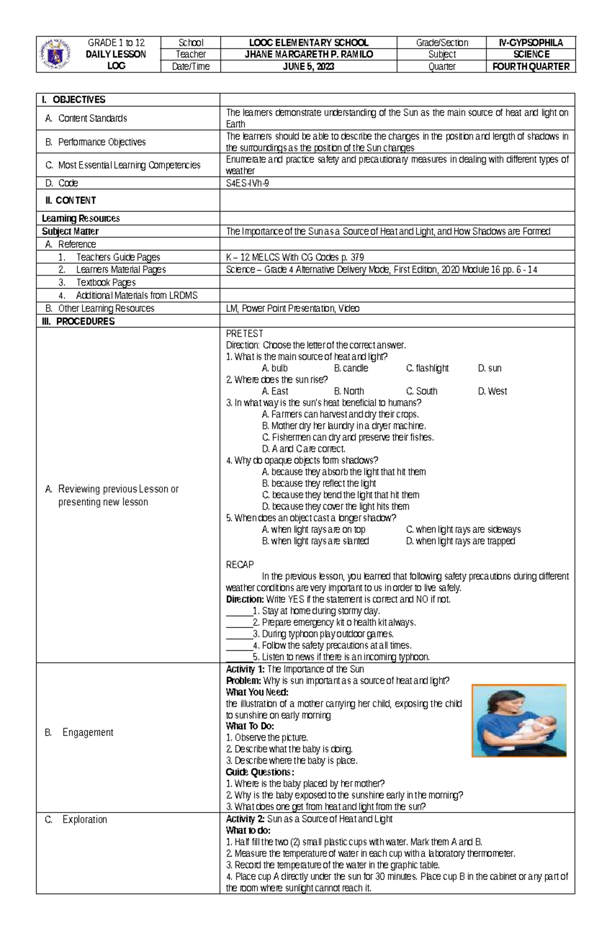 Q4 WEEK 6 Science DLP - Q4 DLP - GRADE 1 to 12 DAILY LESSON LOG School ...