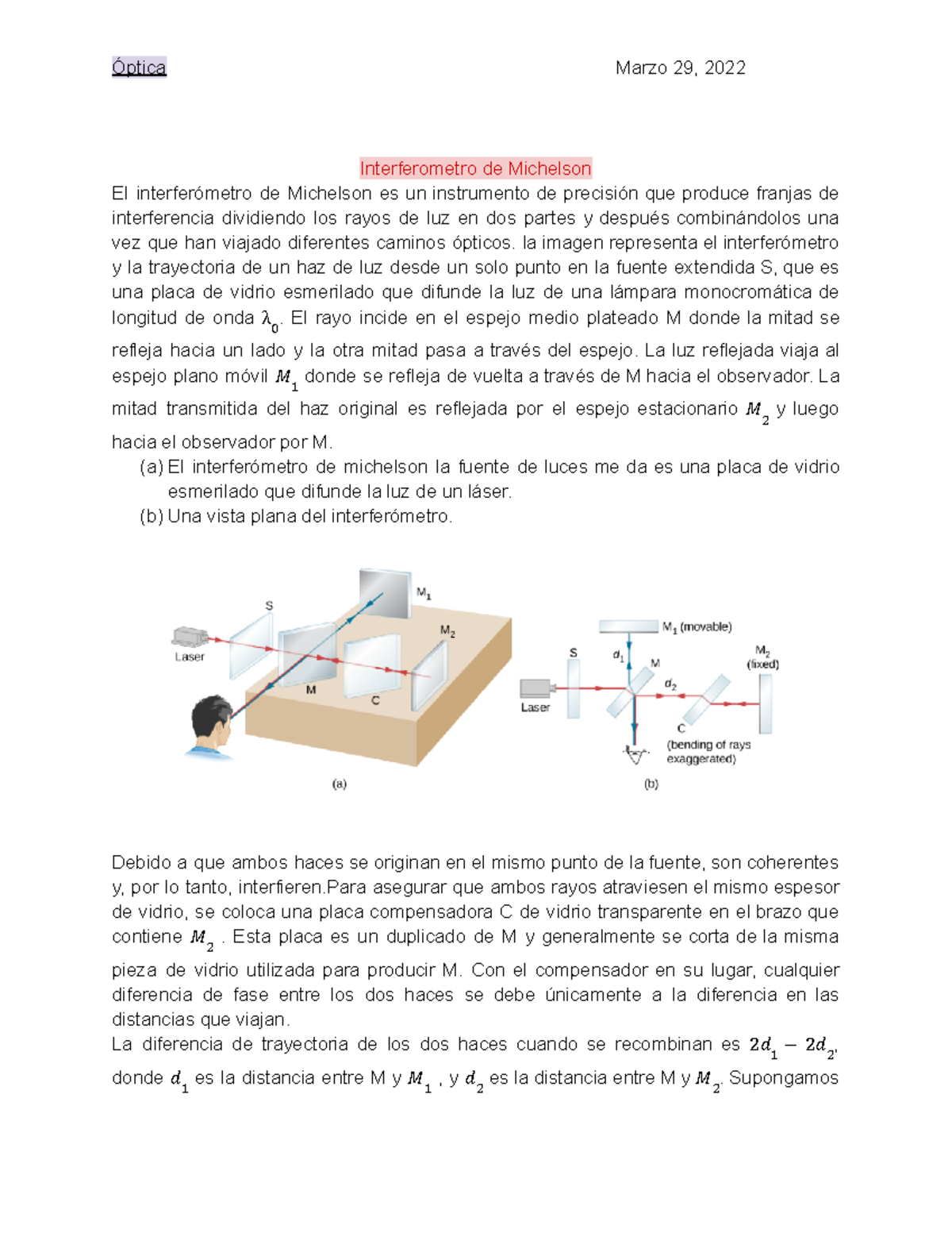 Interferometro de Michelson - la imagen representa el interferómetro y ...