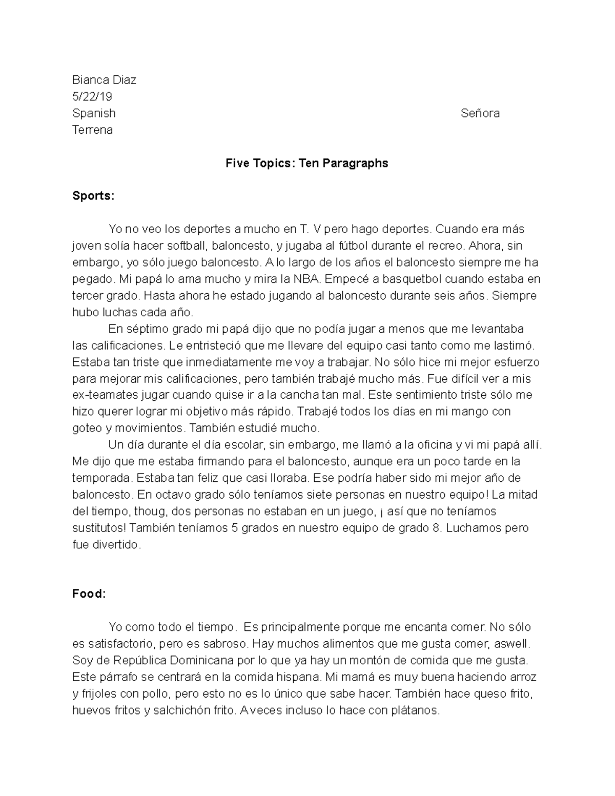 10 paragraphs spanish project - Bianca Diaz 5/22/ Spanish Señora ...