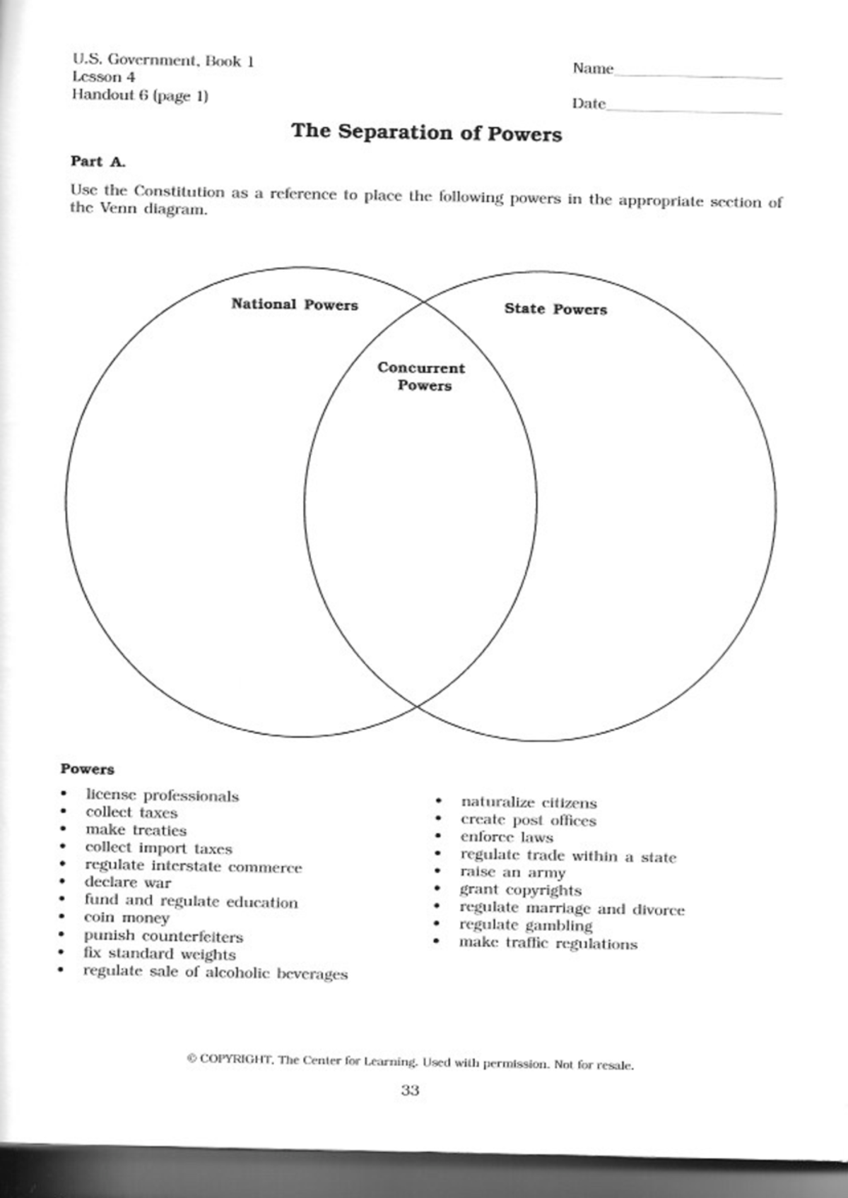 Federalism+Ven+Diagram - U. Government, Book 1 Name Lesson 4 Handout 6 ...