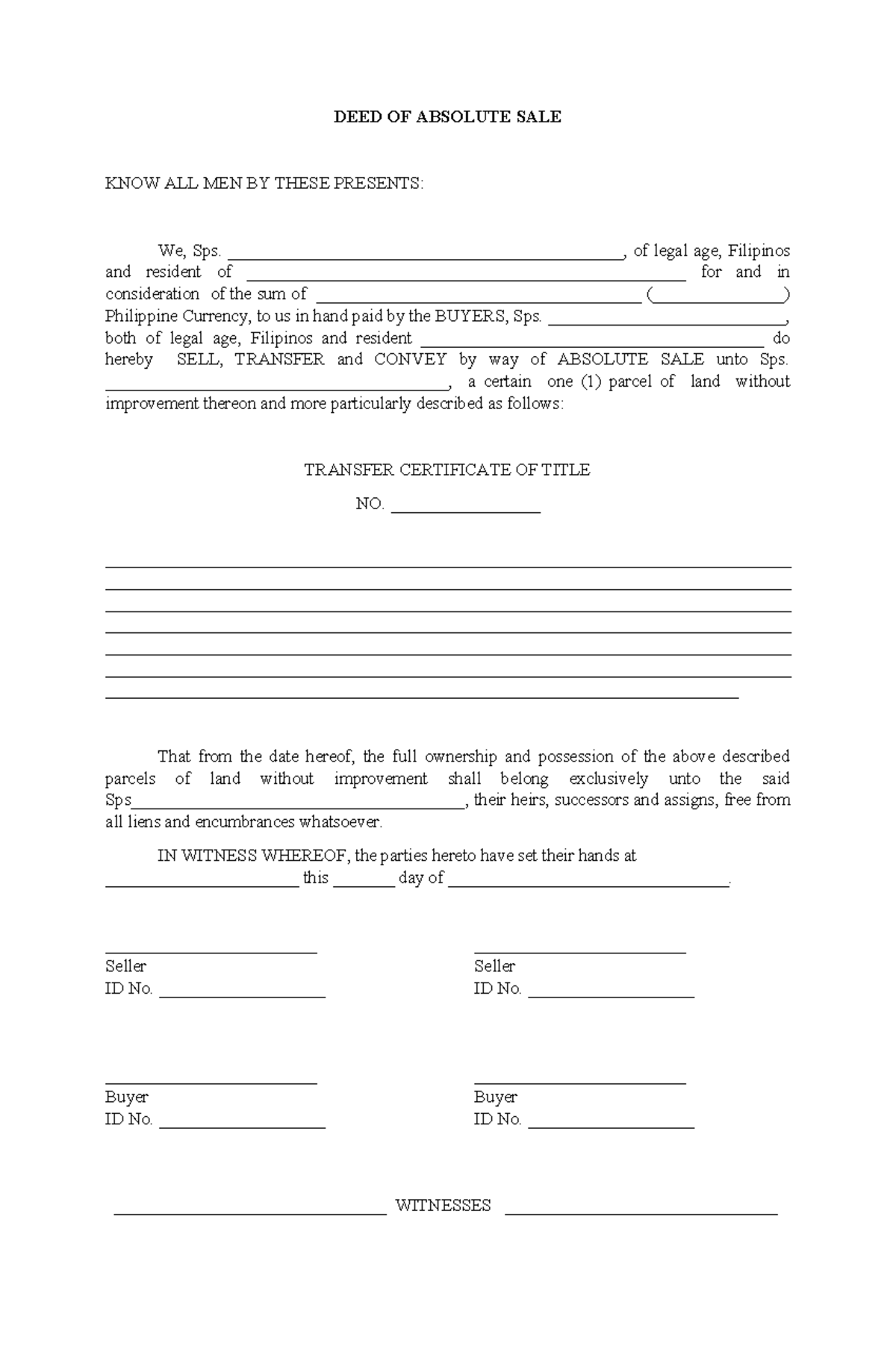 DEED OF Absolute SALE - Bank Legal Documents - DEED OF ABSOLUTE SALE KNOW ALL MEN BY THESE ...