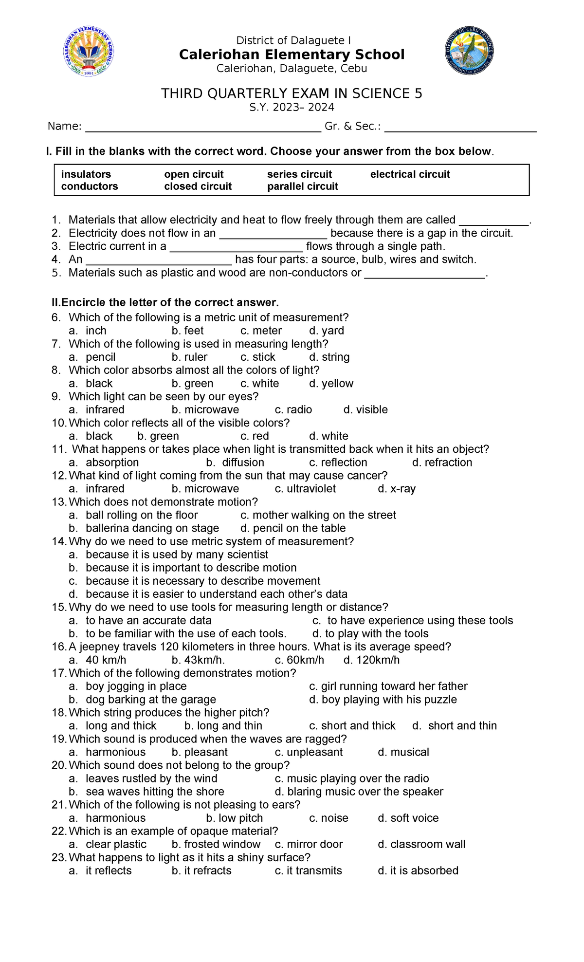3rd periodical test in 5 earth and mars - District of Dalaguete I ...