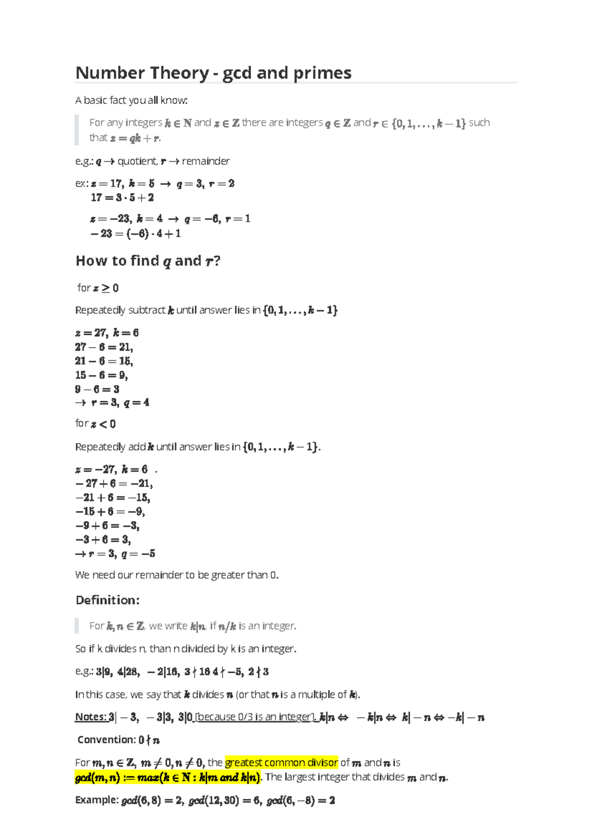 Number Theory Intro - Number Theory - gcd and primes A basic fact you ...