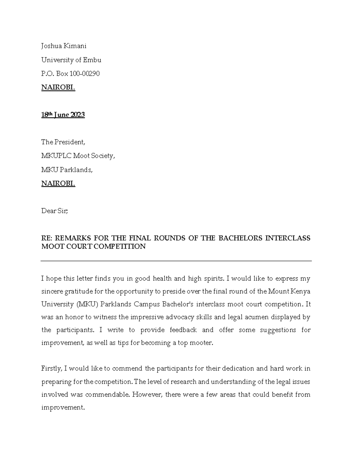 Letter TO MKU ON THE Finals OF THE Bachelors Interclass MOOT Court ...